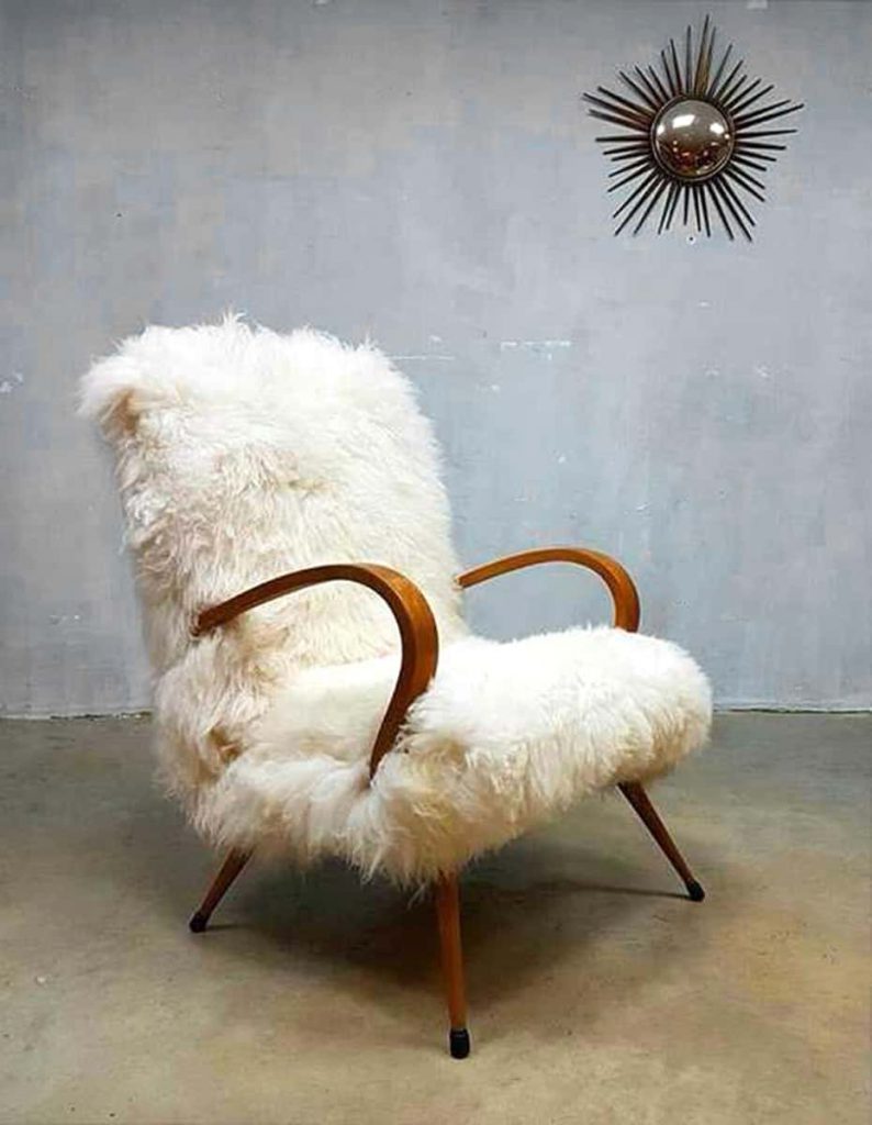 Fantastic vintage sheepskin Art deco lounge chair Halabala style ...