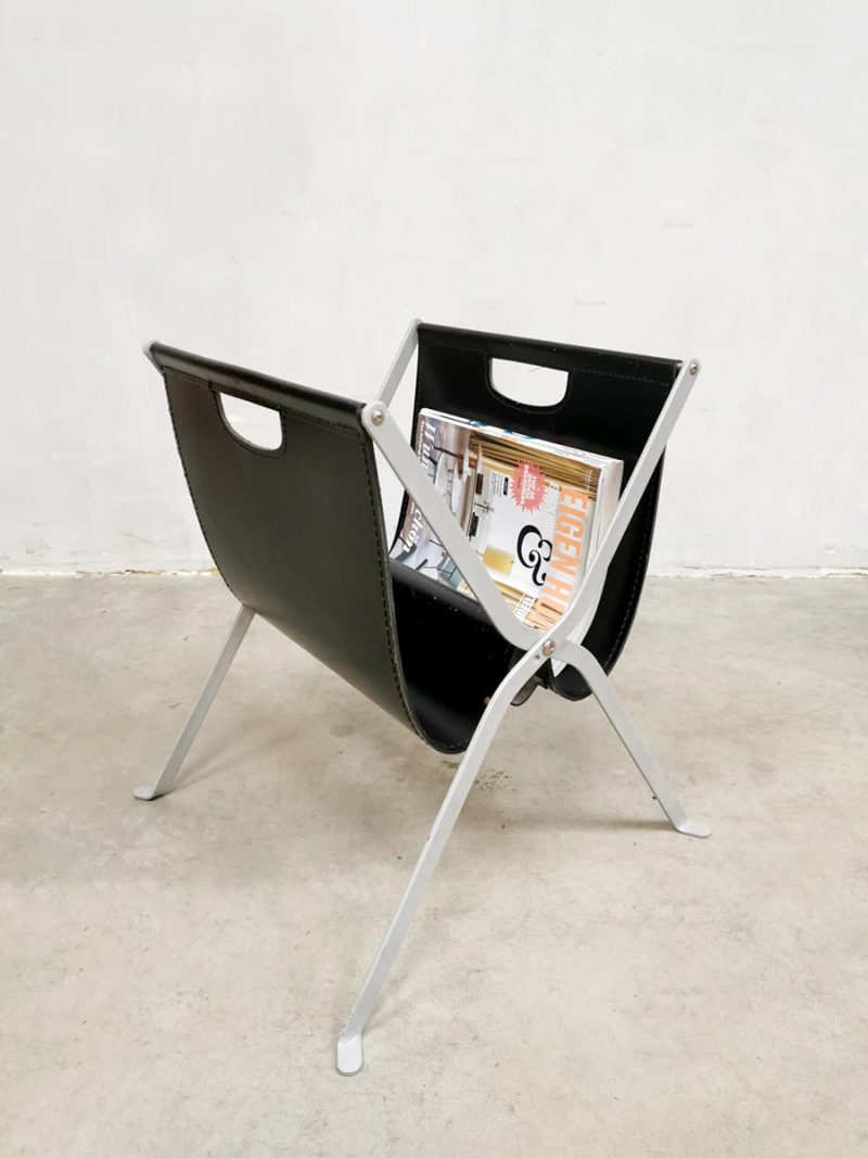 Vintage leather folding magazine rack lectuurbak krantenbak ‘Black ...